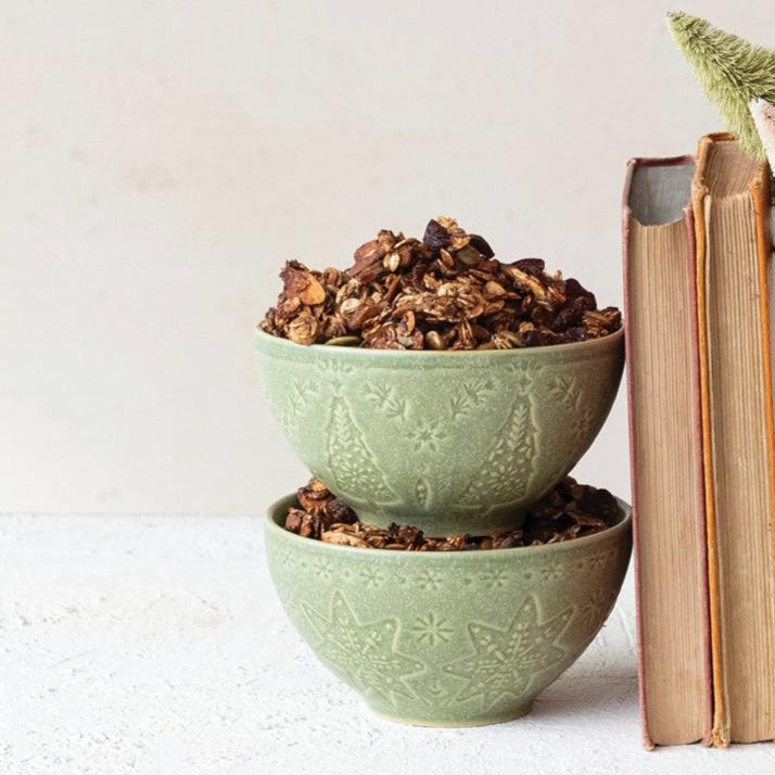 Matte Green Stoneware Bowl with Debossed Holiday Design, 5in.Dia. – the ...